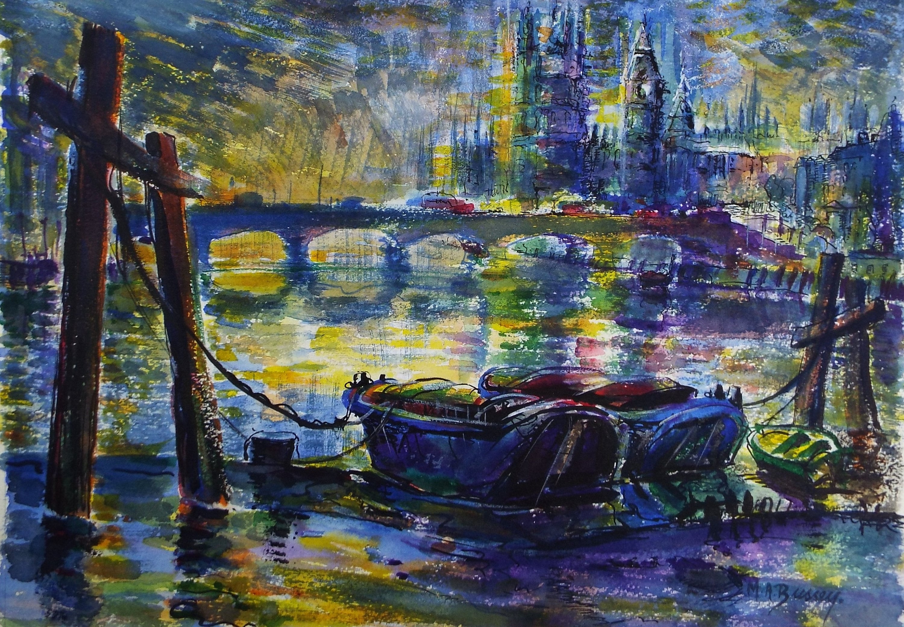 Original Watercolour, 'Moored Barge', Michael A. Bussey (1930-2014), C