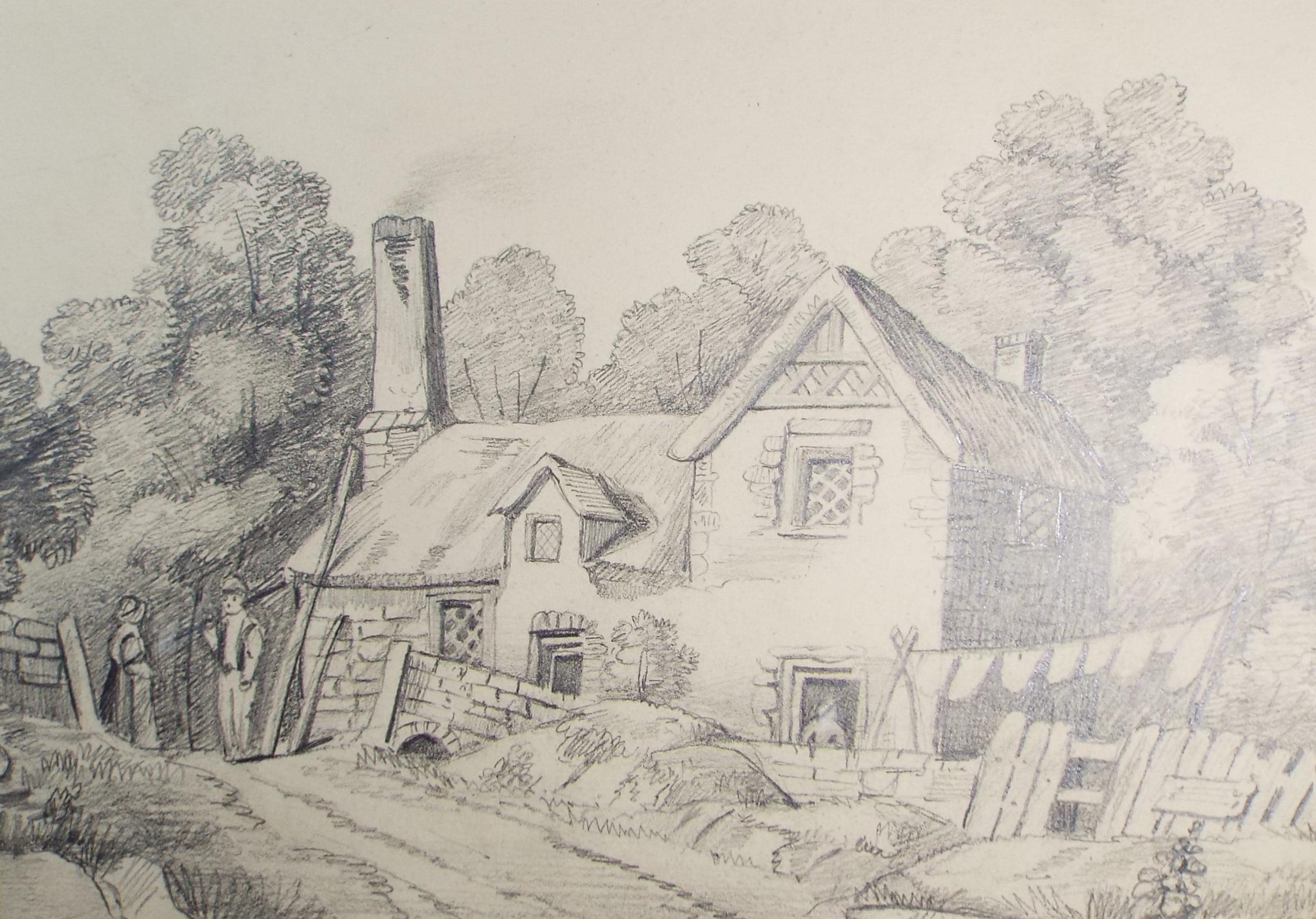 Original Pencil Drawing, 'Country Cottages', mid 19th century, artist