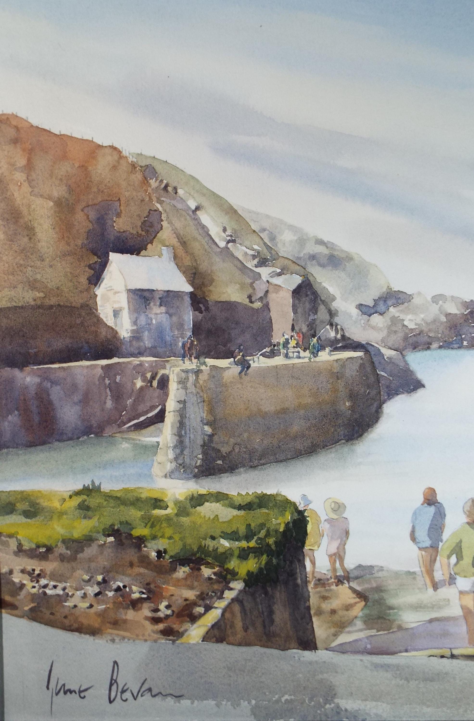 Original Watercolour,'Figures at the Harbour', June Bevan, Circa 1990'