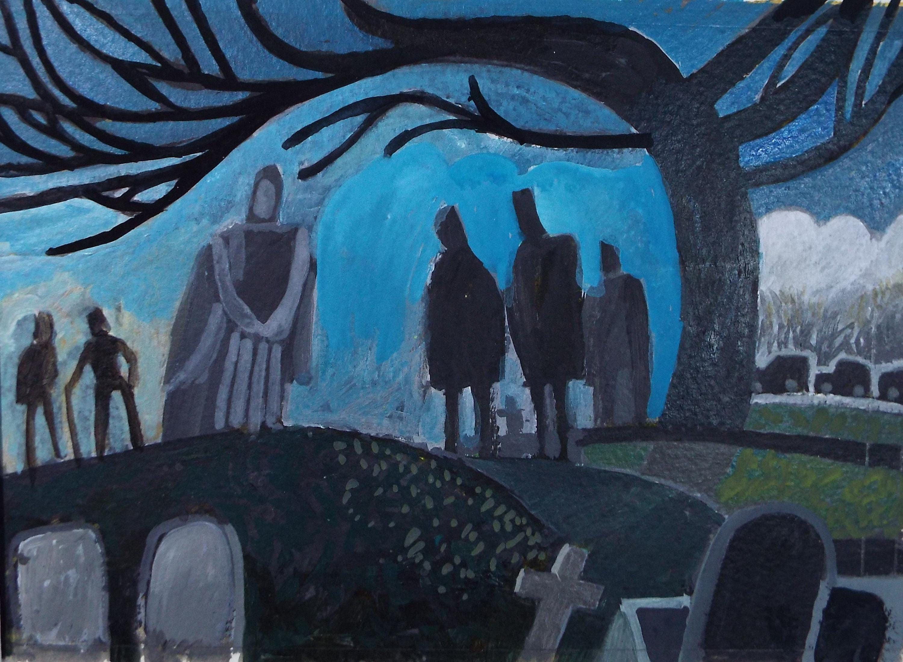 Original Watercolour Gouache , 'Figures in a Graveyard', Colin Fifield