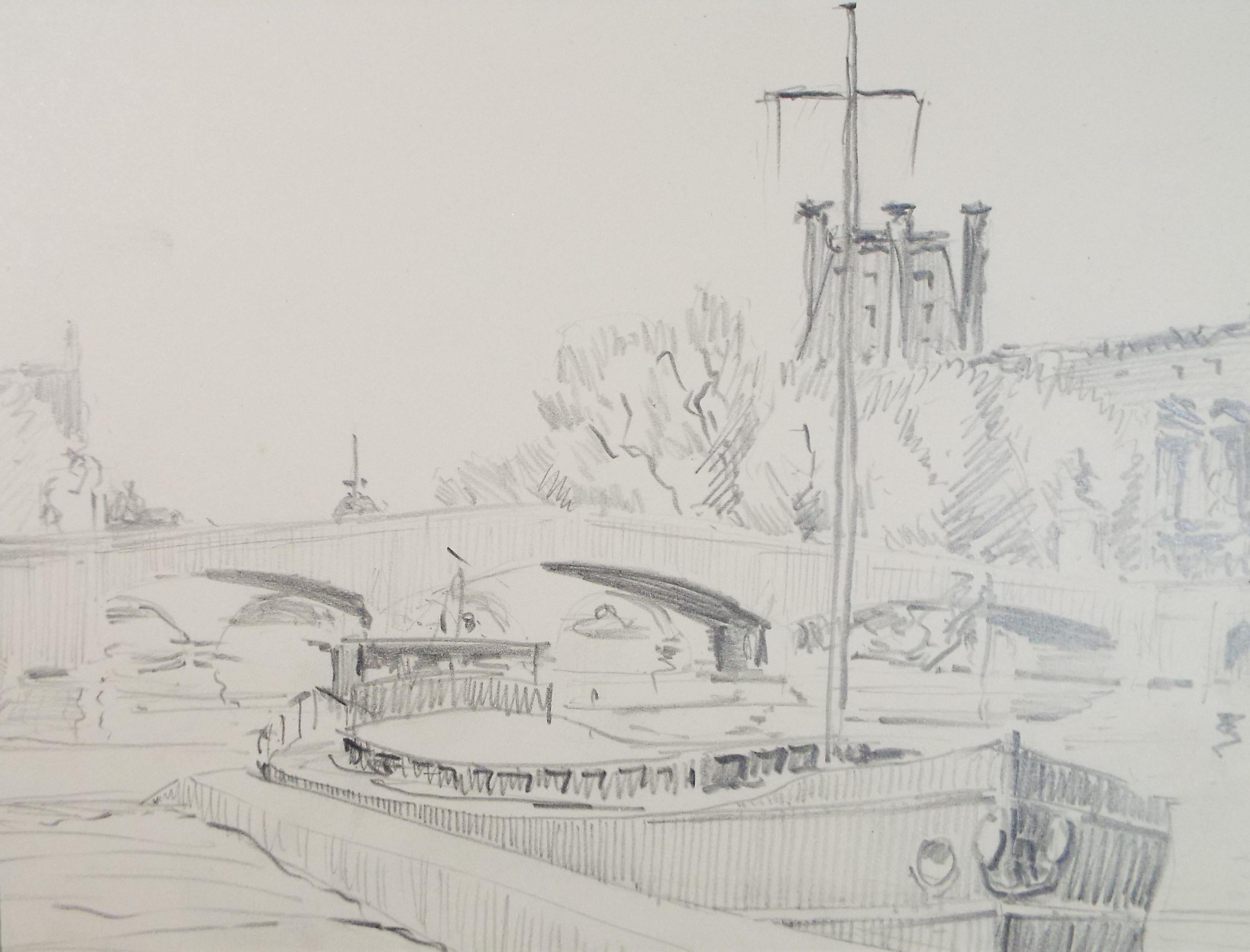 Original Pencil drawing, 'Barge Below the Bridge', circa 1950's Artist