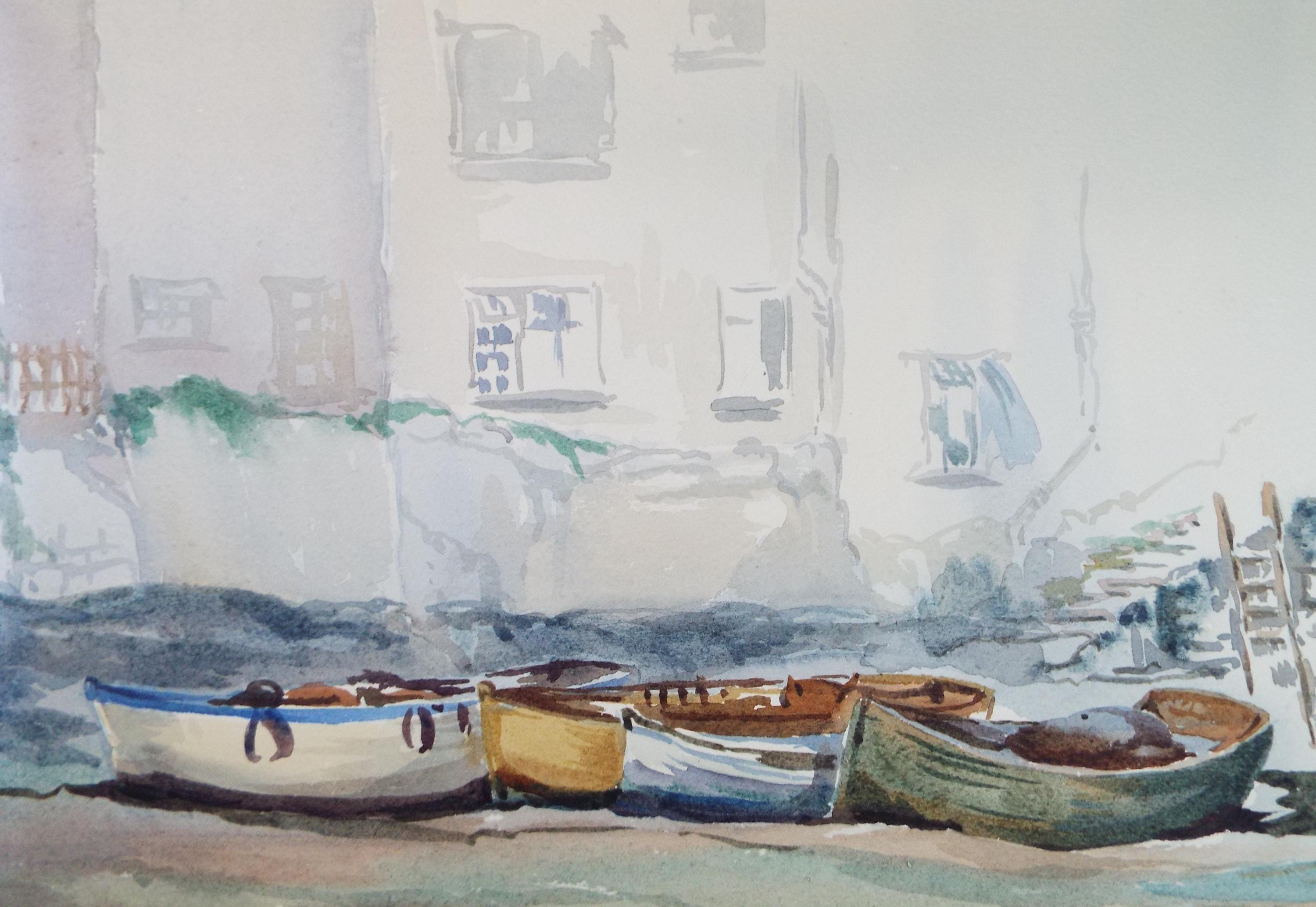 Original Watercolour, 'Fishing Harbour', Gwen Rayner, c1970's