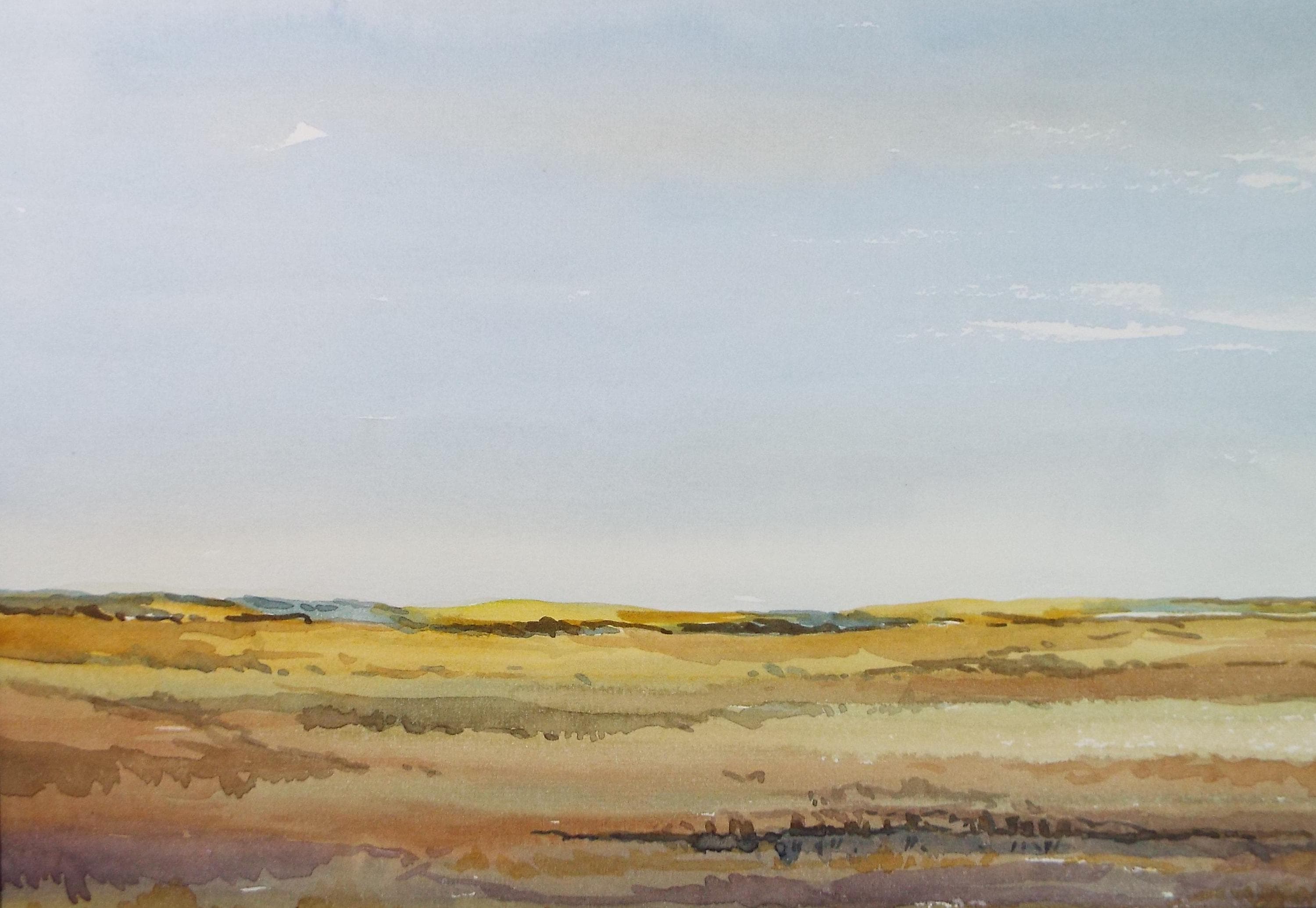Original Watercolour, 'Moorland under a blue sky', Gwen Rayner, c1970'