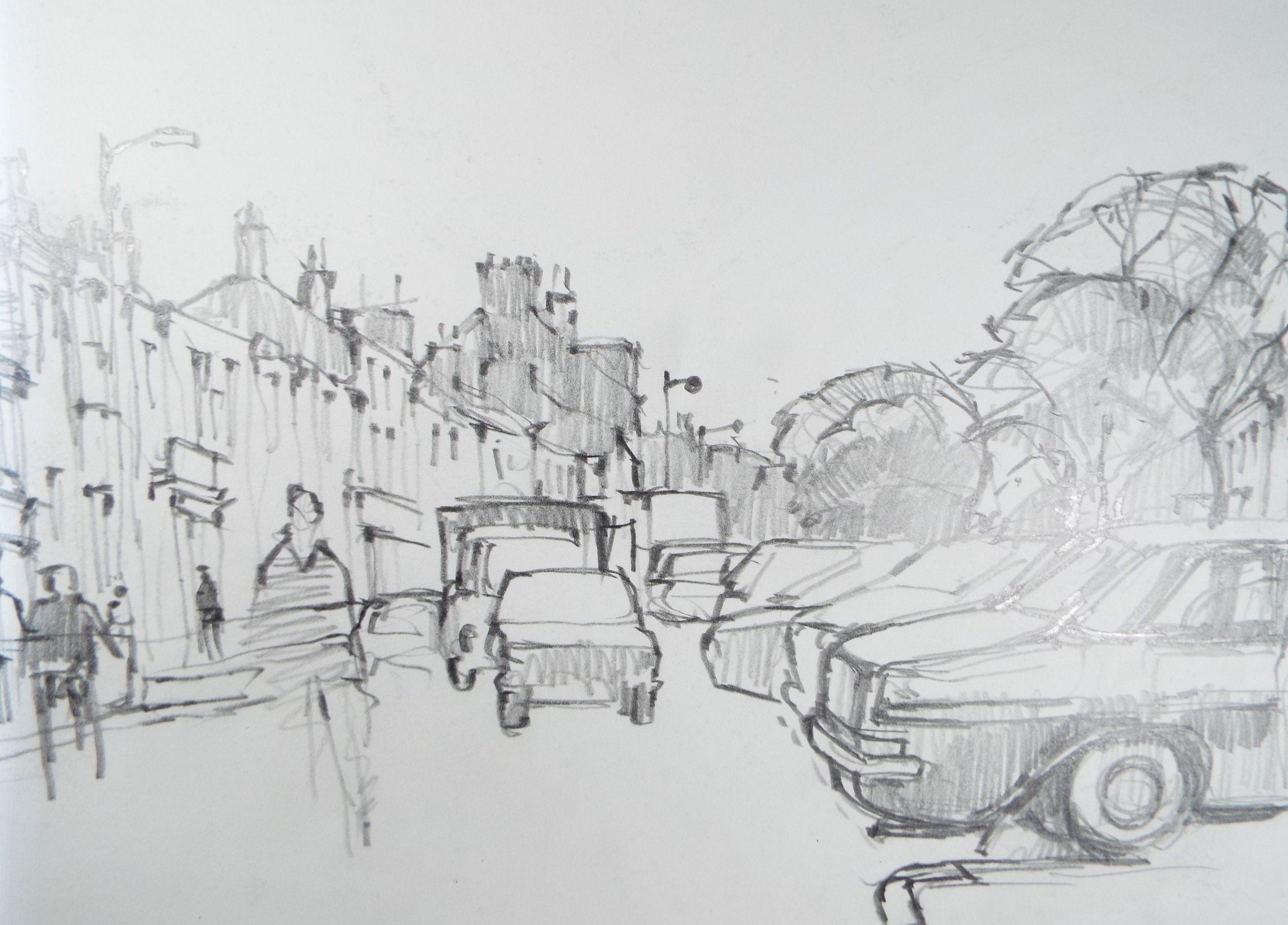 Original Pencil Drawing, 'Street Scene with Cars' , Circa 1990's, Doug