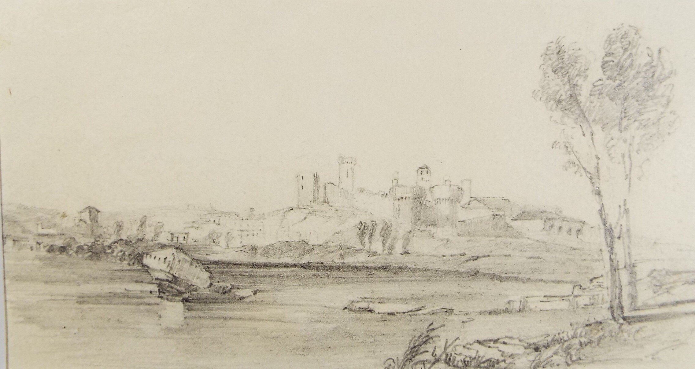 Original Pencil drawing, 'Hilltop Ruins', Unknown Artist - Mid 19th Ce