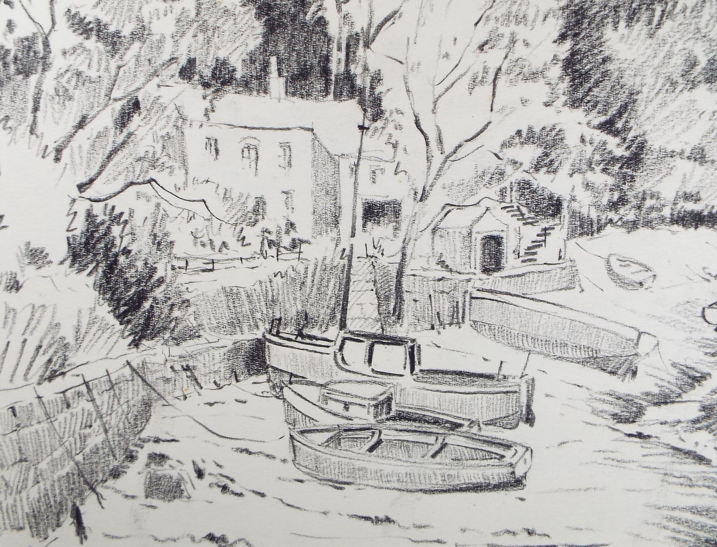 Original Pencil Drawing, 'Village with Moored Boats', circa 1990's , A