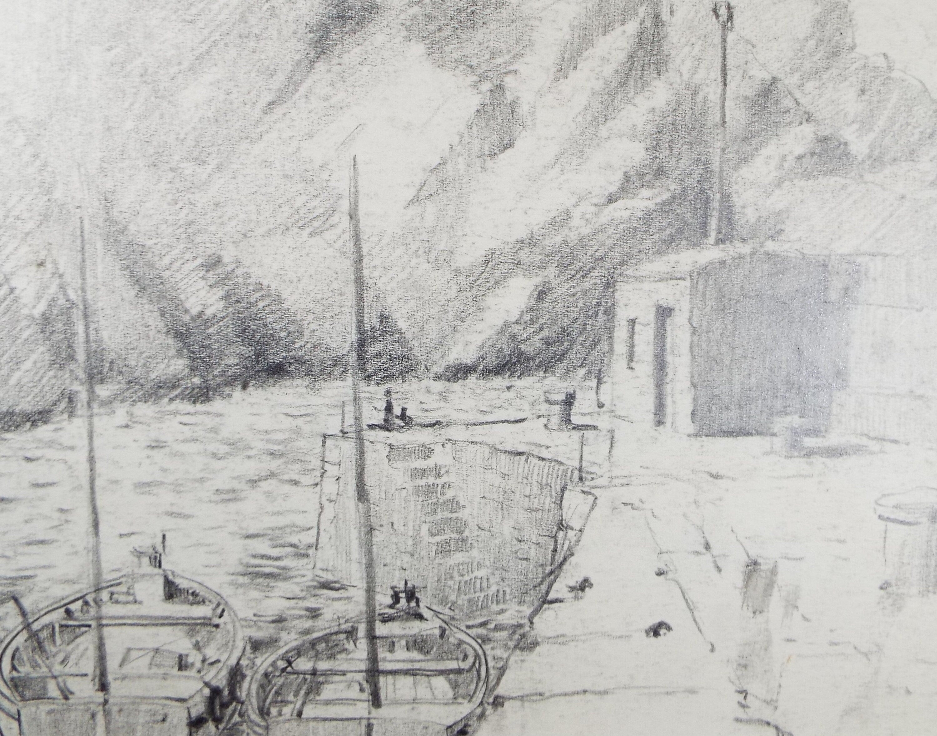 Original Pencil Drawing, Quayside with Fishing Boats', circa 1990's