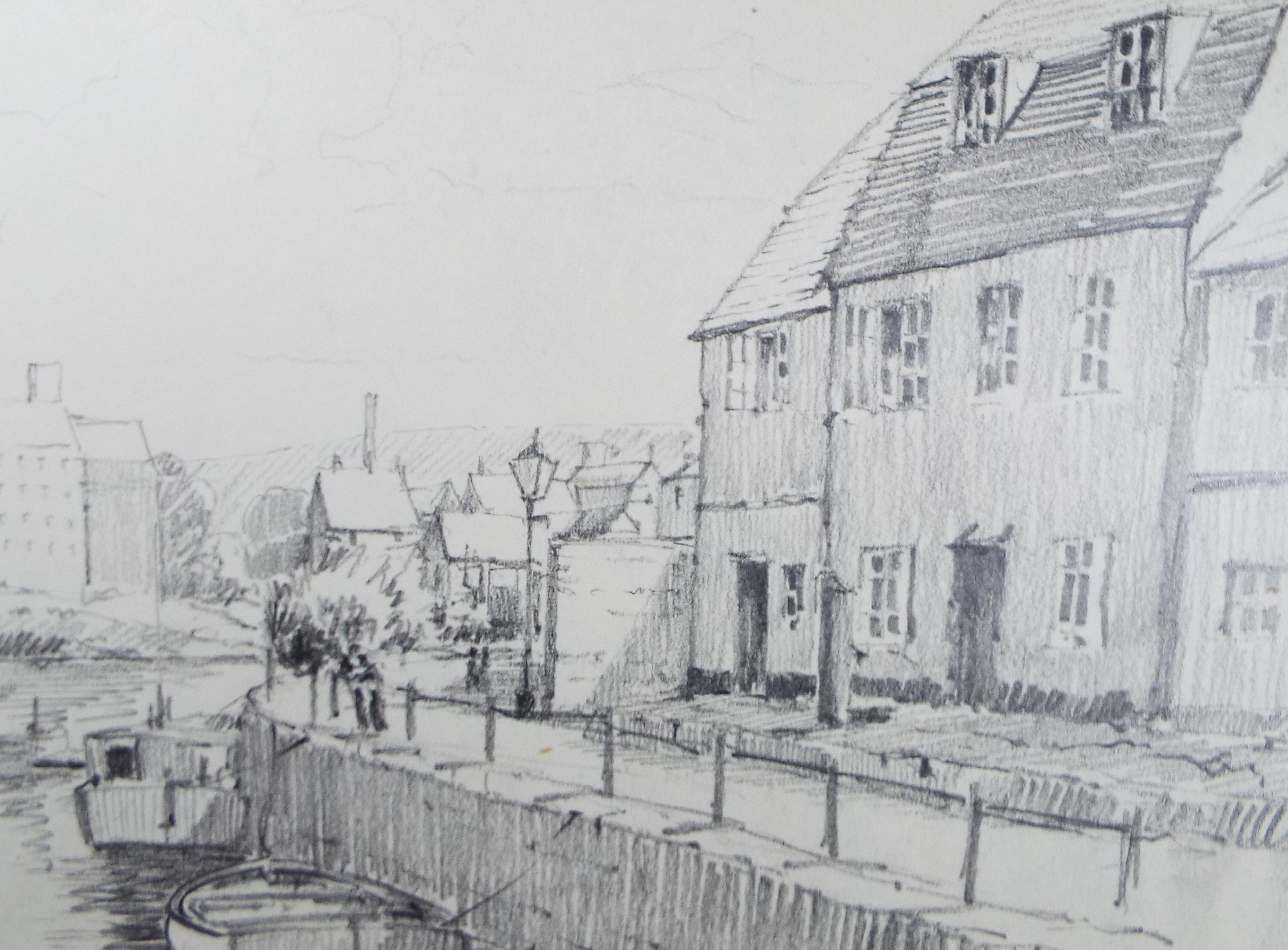 Original Pencil Drawing,'The Town Quay', circa 1990's , Artist Unknown