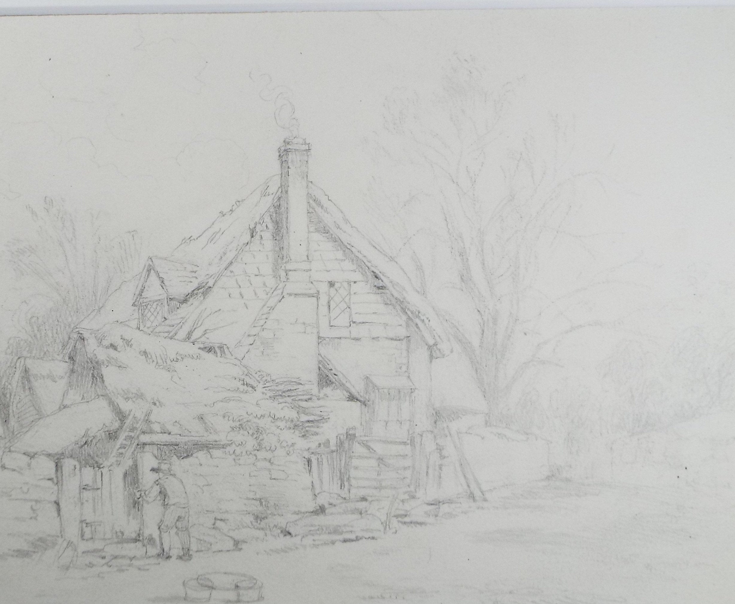Original Pencil Drawing, 'Country Cottage with figure', John Wood (180