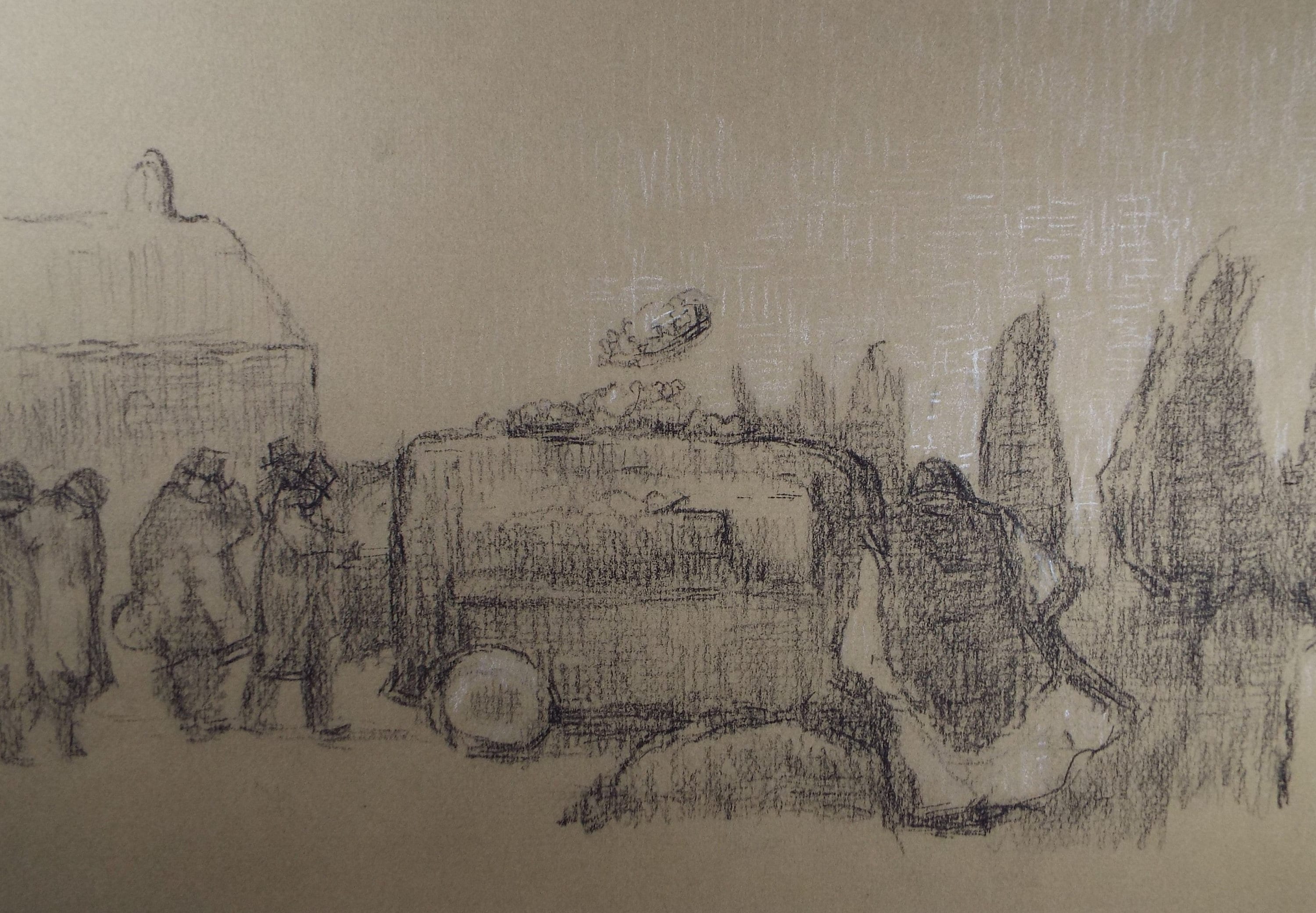 Original Pastel Drawing on brown paper,'Street Scene, circa 1990, Mari