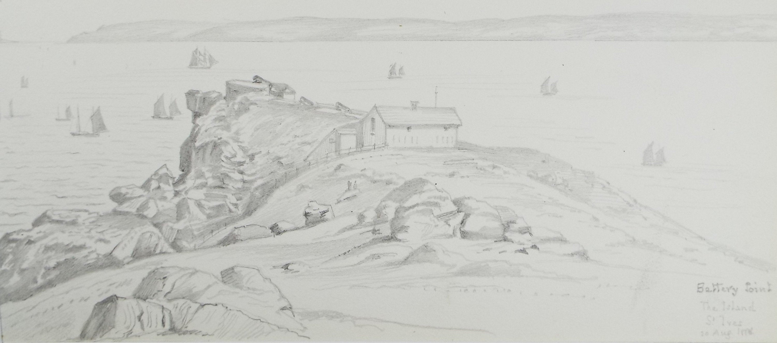 Original Pencil Drawing, 'The Island, St Ives' dated 1888, Artist unkn