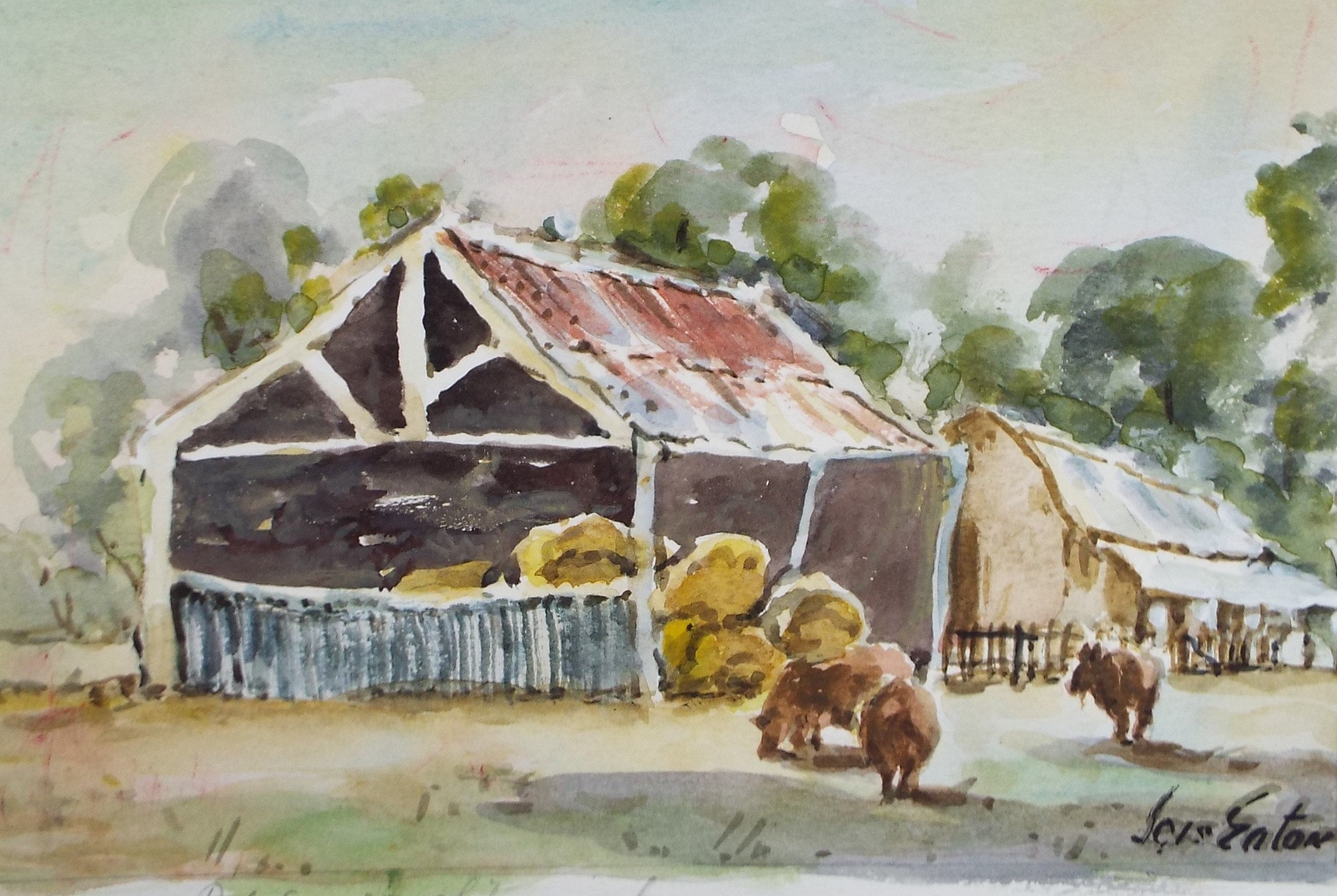 Original Watercolour, 'Barns with farm animals', Circa 1960's ,Artist